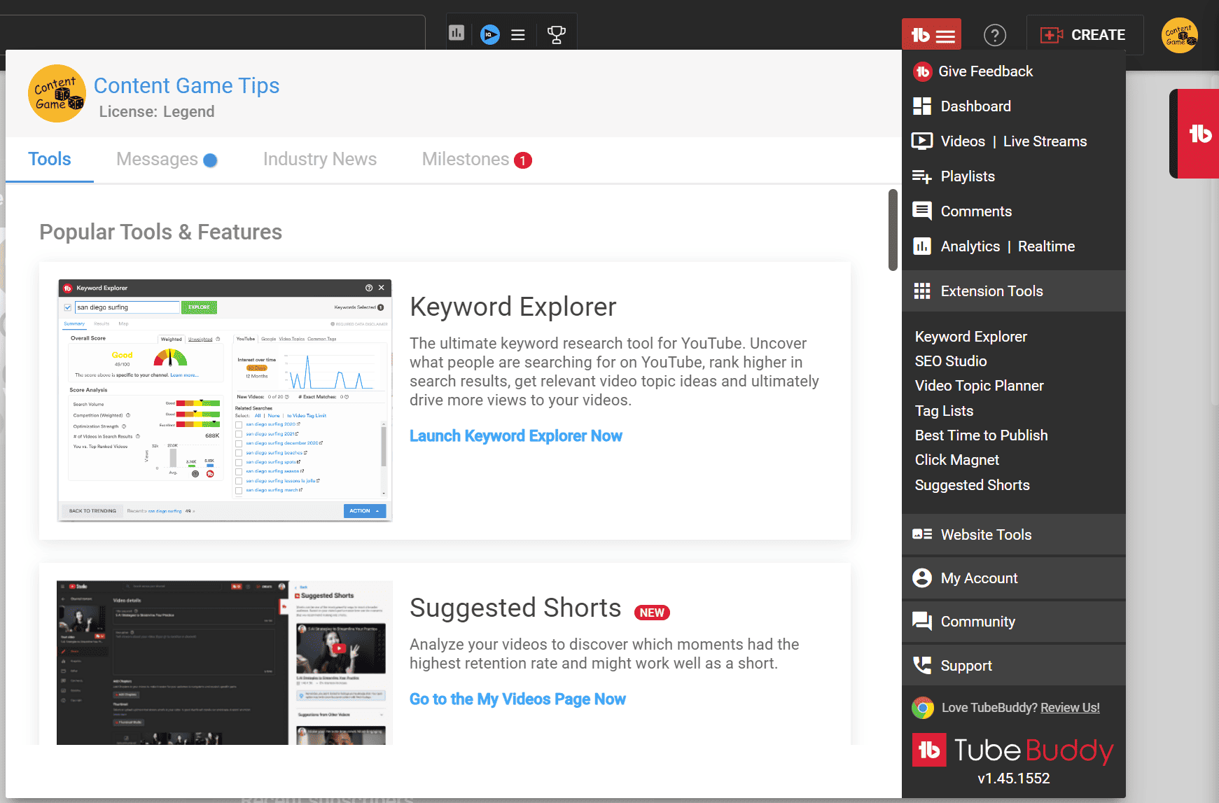 TubeBuddy – menus and buttons – Tools for content creators